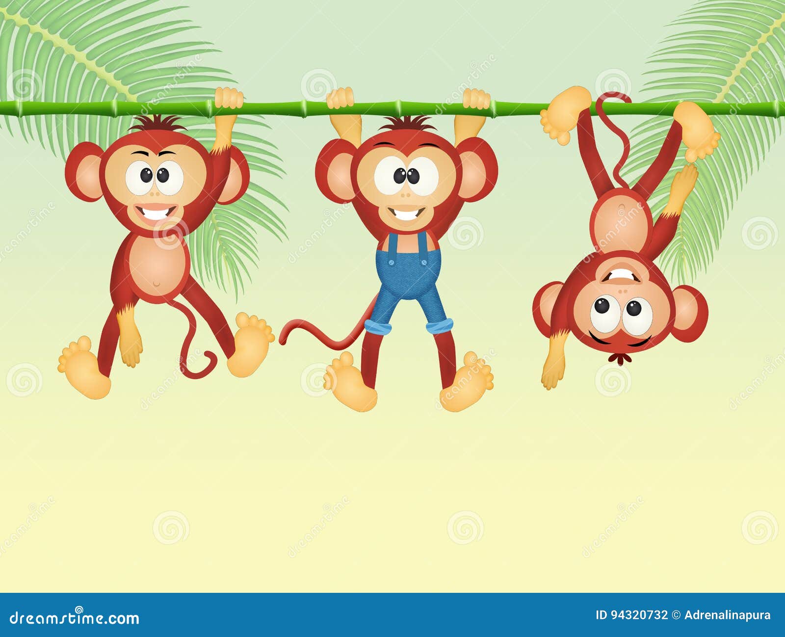 Monkeys In Jungle. Cartoon Apes Climbing Trees In Rainforest. Exotic ...