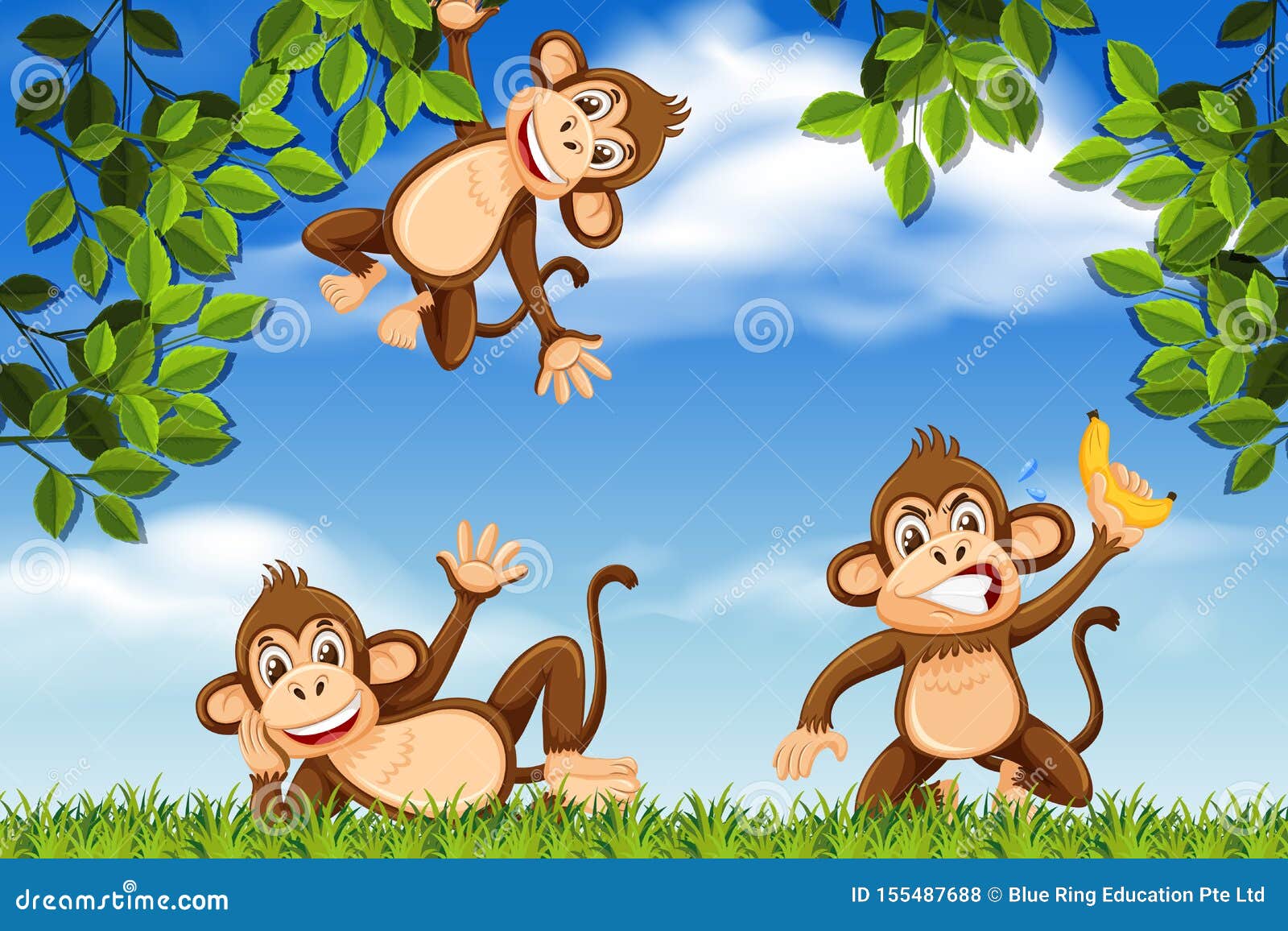Monkeys In Jungle. Cartoon Apes Climbing Trees In Rainforest. Exotic ...