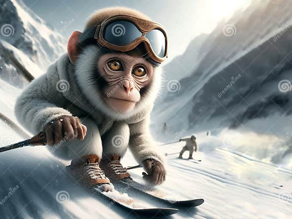 Monkeys are Skiing in the Snow Stock Illustration - Illustration of head, nose: 300232547