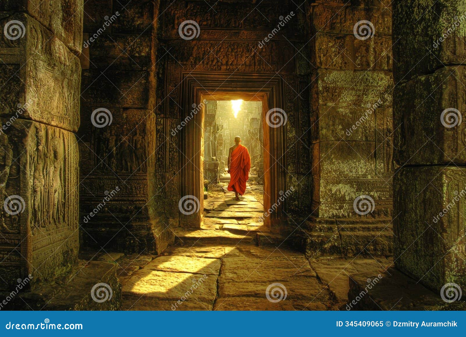 Monks at Angkor Wat Temple, Cambodia, Look at a Bas-relief of an Apsara ...
