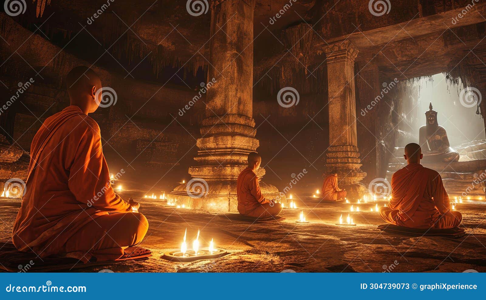 Monks Meditating in Ancient Temple Stock Illustration - Illustration of ...