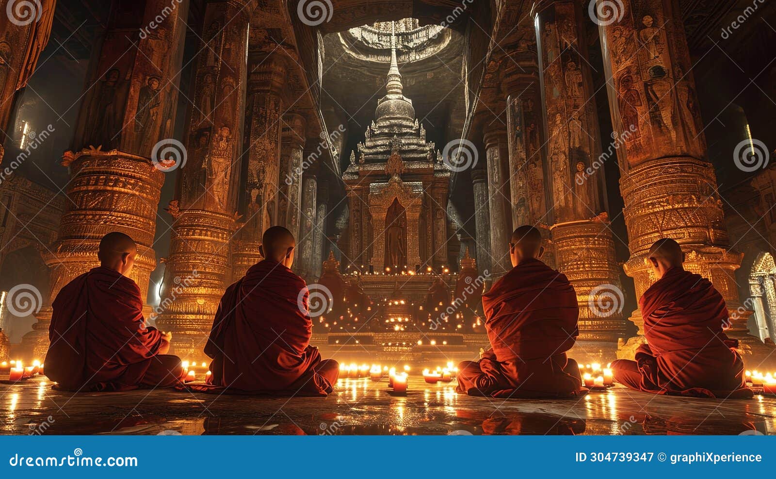 Monks Meditating in Ancient Temple Stock Illustration - Illustration of ...