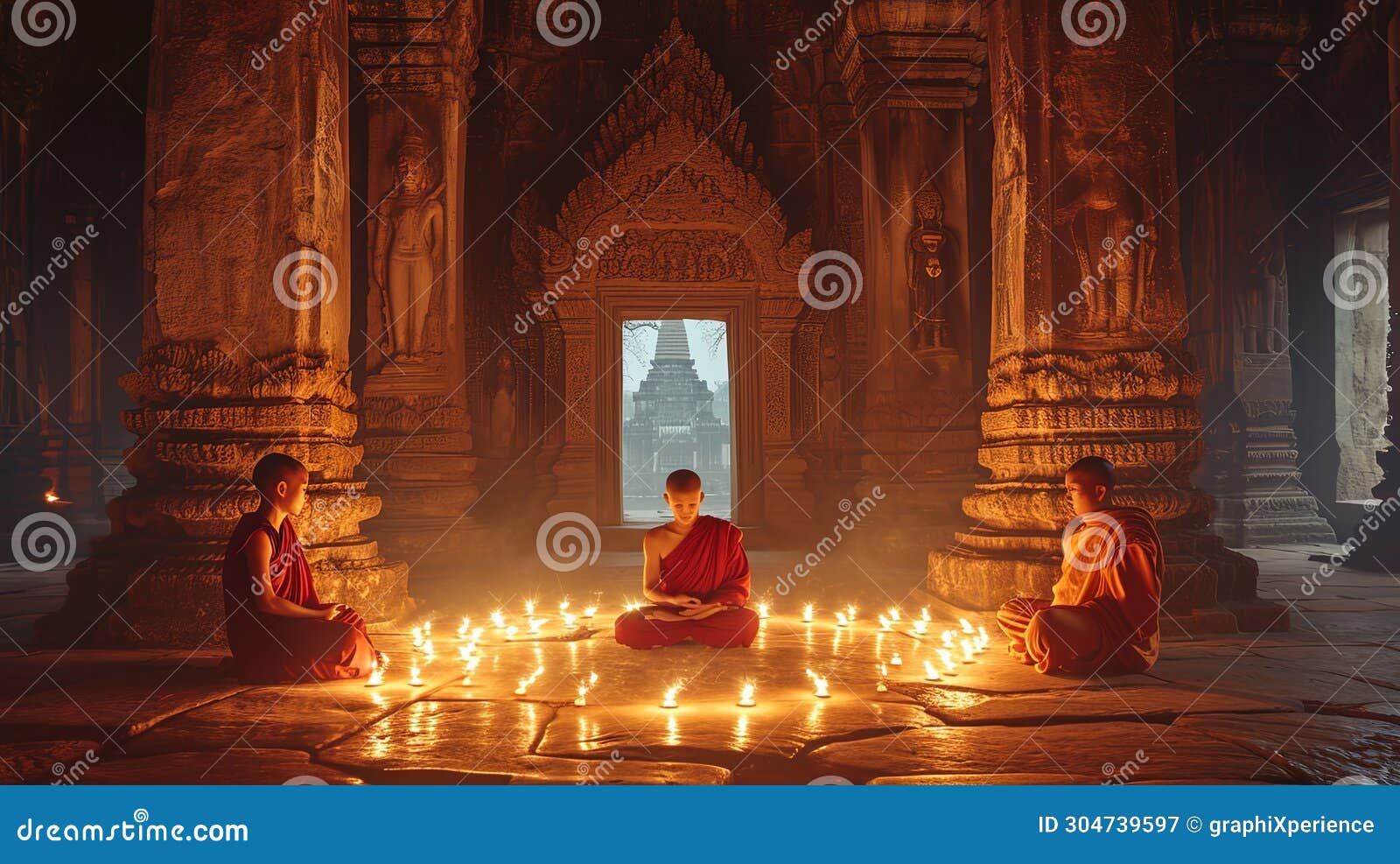 Monks Meditating in Ancient Temple Stock Illustration - Illustration of ...