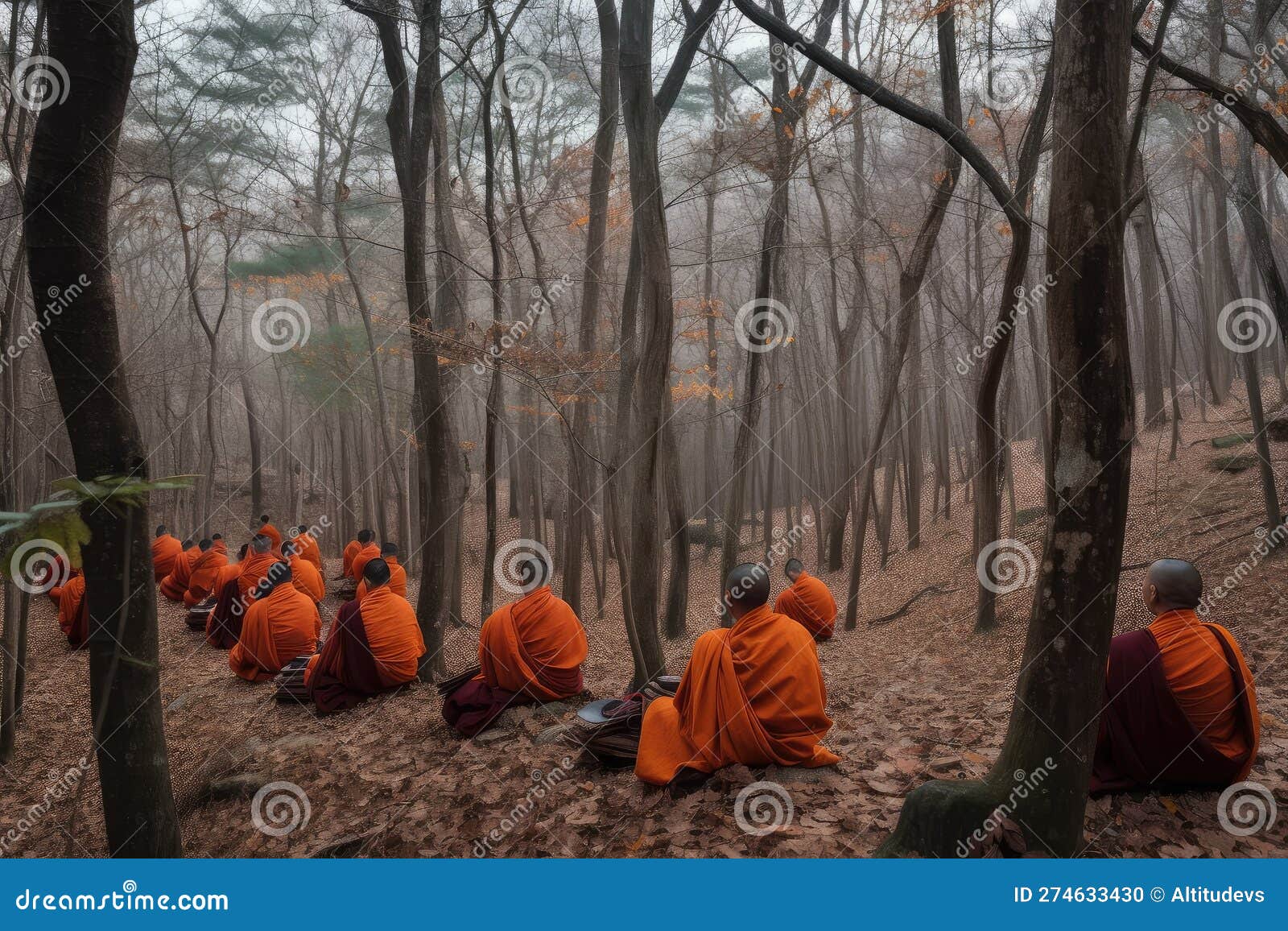 Monks Meditating in the Forest, Surrounded by Nature Stock Illustration ...