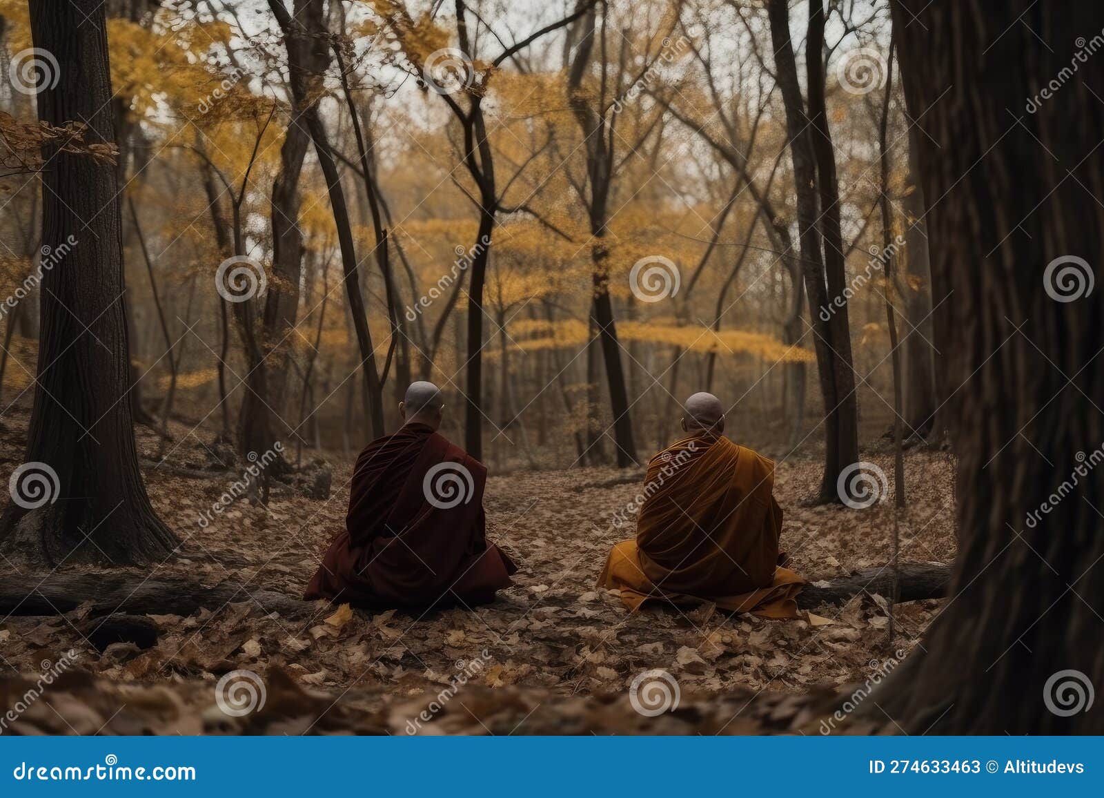 Monks Meditating in the Forest, Surrounded by Nature Stock Illustration ...