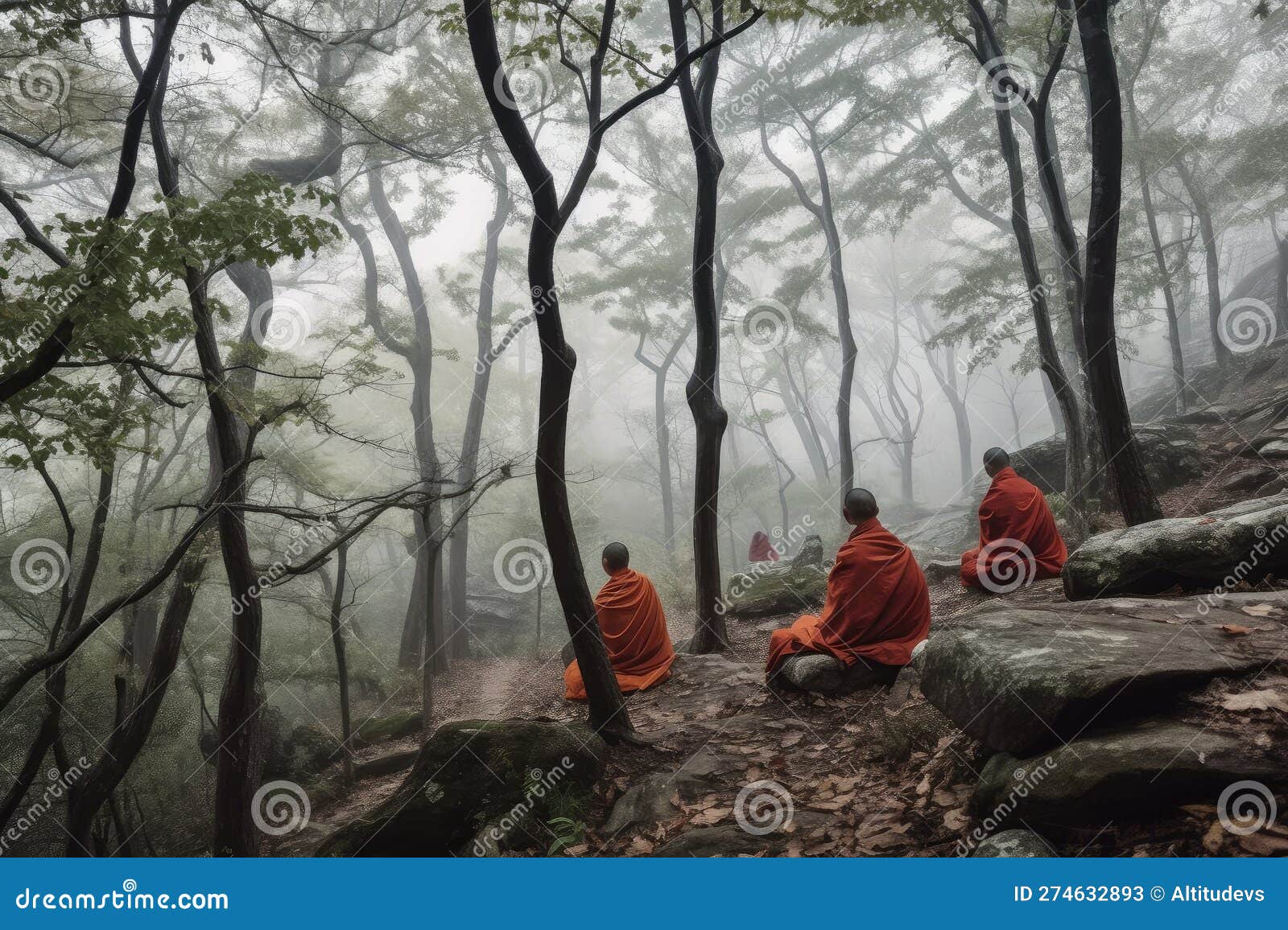 Monks Meditating in Misty Forest, with Tree Tops Visible Stock ...