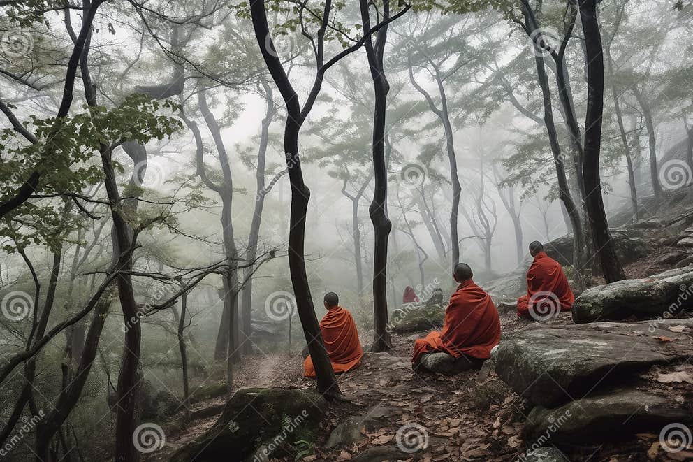 Monks Meditating in Misty Forest, with Tree Tops Visible Stock ...