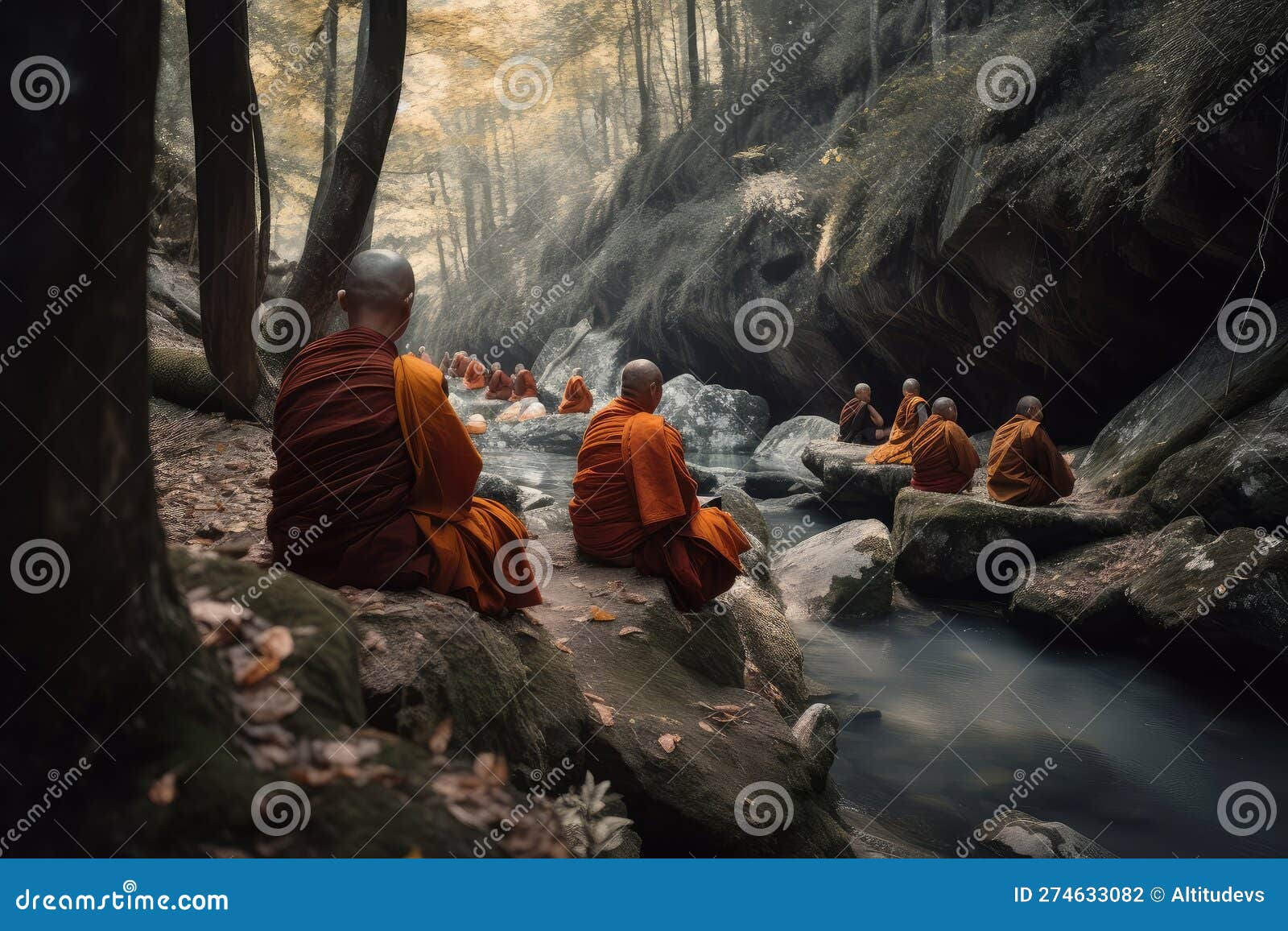 Monks Practicing Meditation in Forest, with Trees and Streams Stock ...