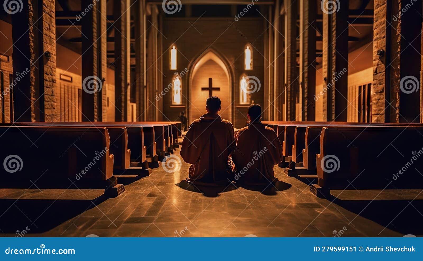 Monks Praying In A Cathedral Created With Generative AI. Religious ...