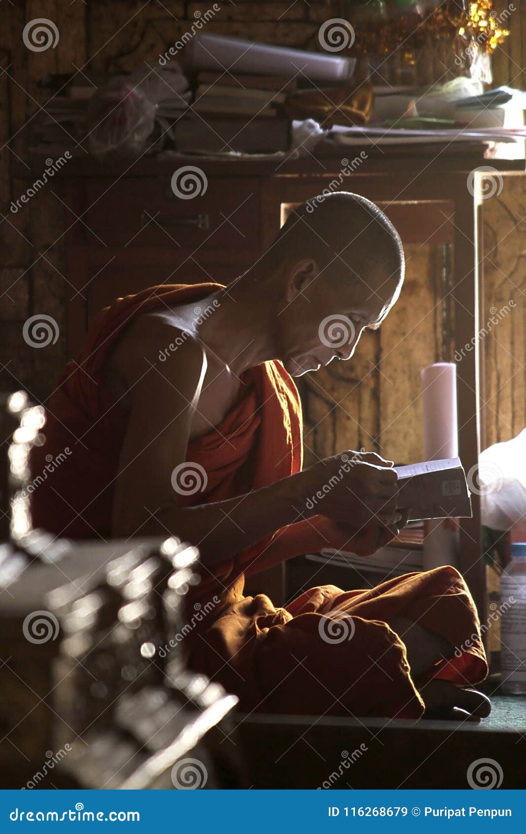 The Monks Sat Quietly Reading the Book. Stock Image - Image of ...