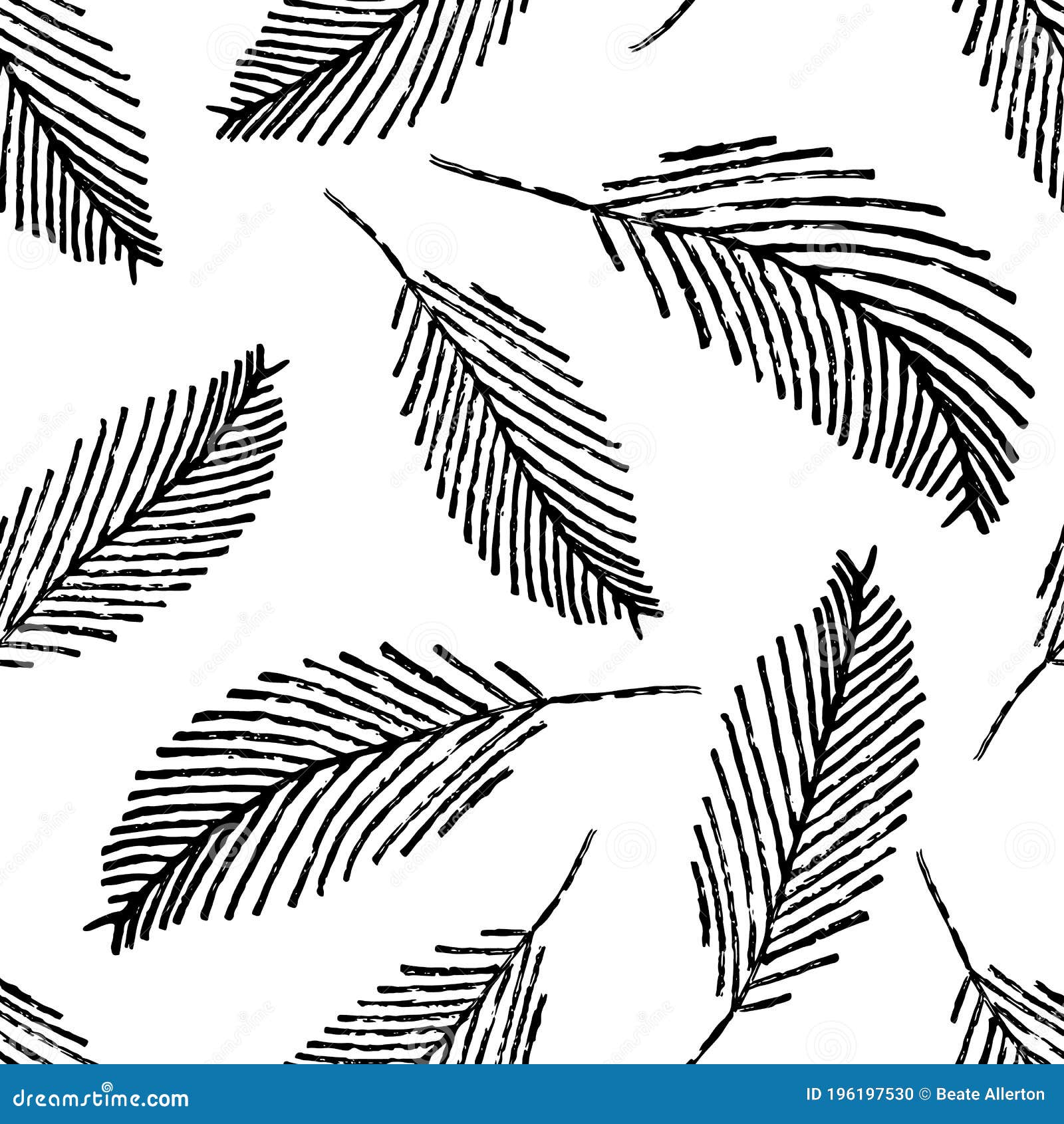 Mono Print Style Narrow Leaves Seamless Vector Pattern Background. Blue ...
