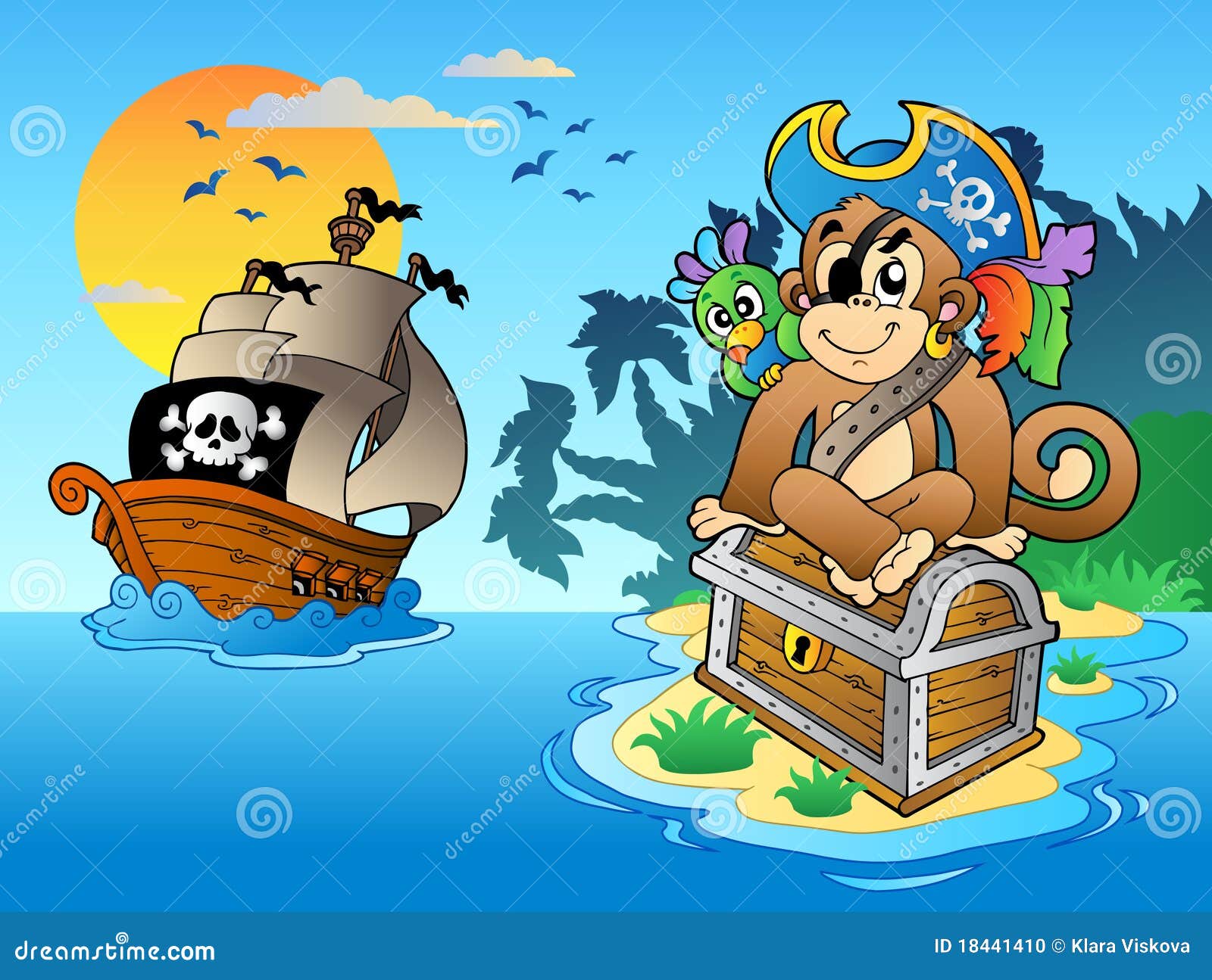 Mono Y Pecho Del Pirata En La Isla Ilustración del Vector - Ilustración ...