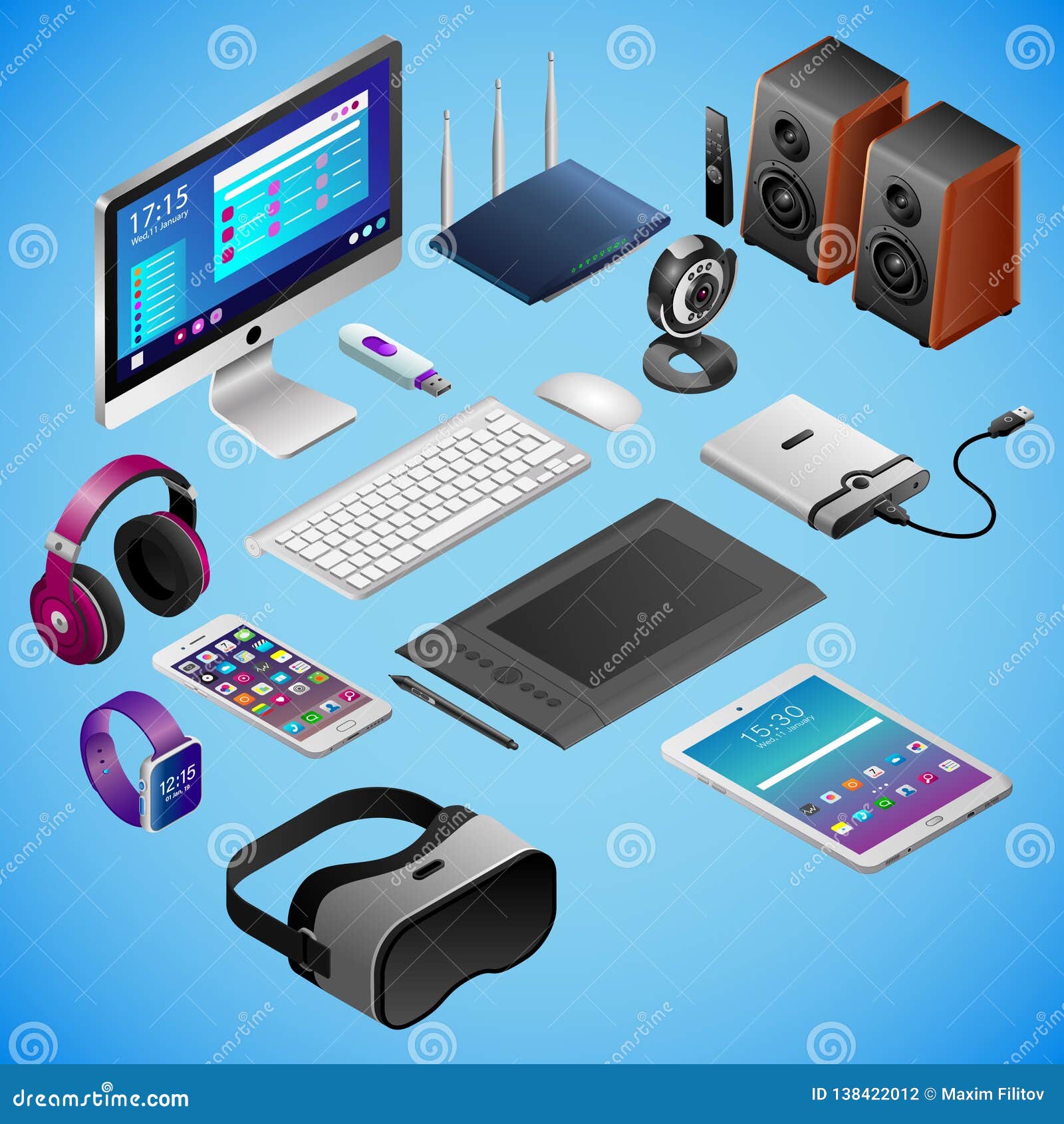 Monoblock and Digital Gadgets in Isometry on Blue Background Stock ...