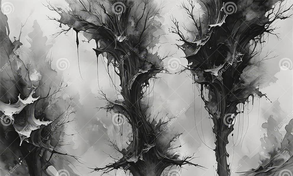 Monochromatic Abstract Painting Features Three Dark, Twisted Tree-like ...