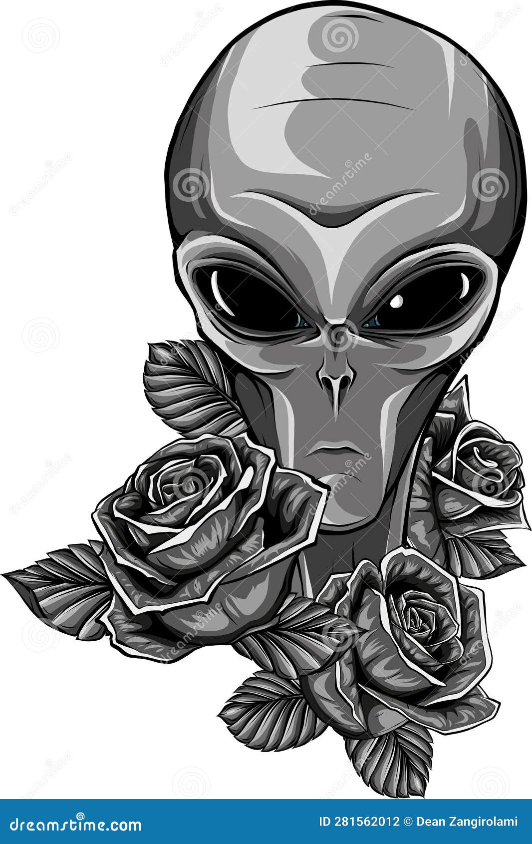 Monochromatic Alien Head and Red Roses Flowers. Stock Vector ...