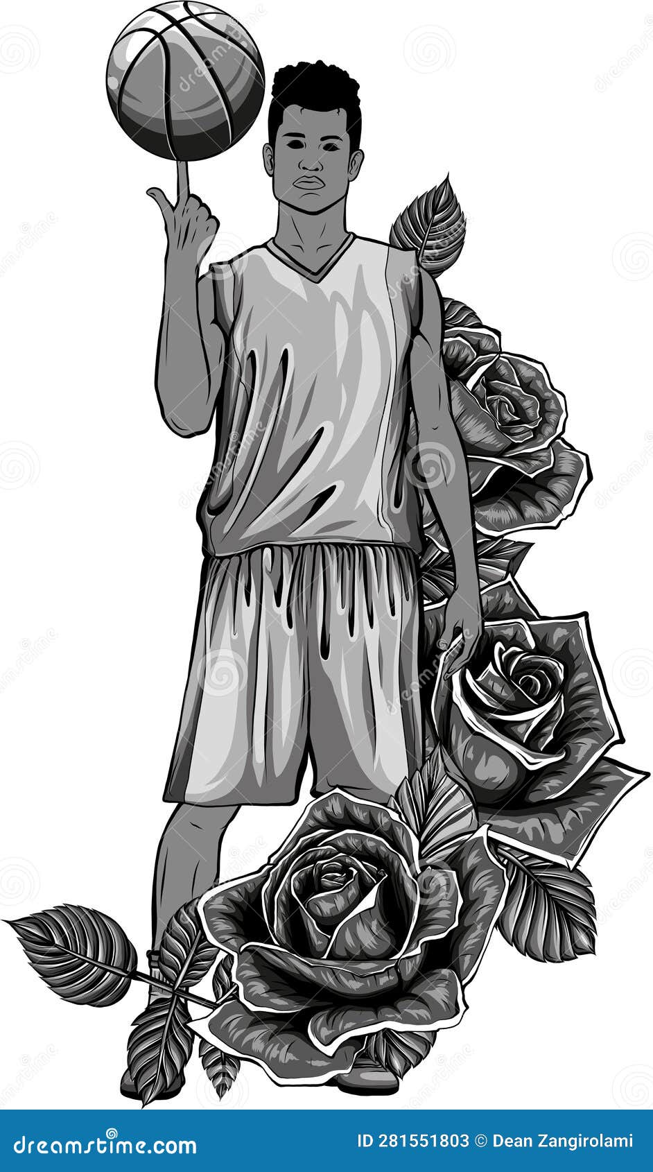 Monochromatic Basketball Player with a Basketball Ball and Roses Stock ...