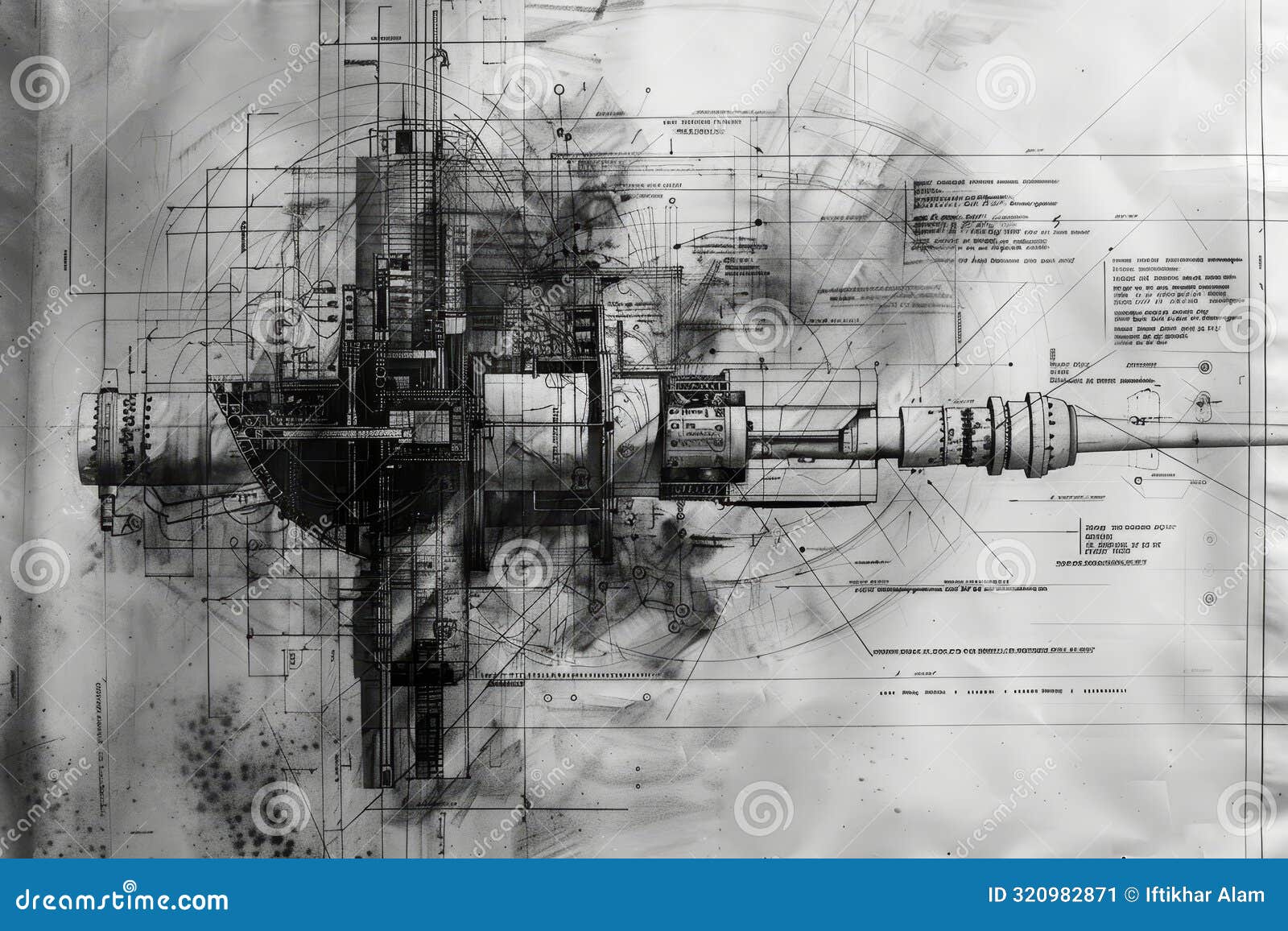 Monochromatic Blueprint Sketch Depicting a Complex Machine with ...