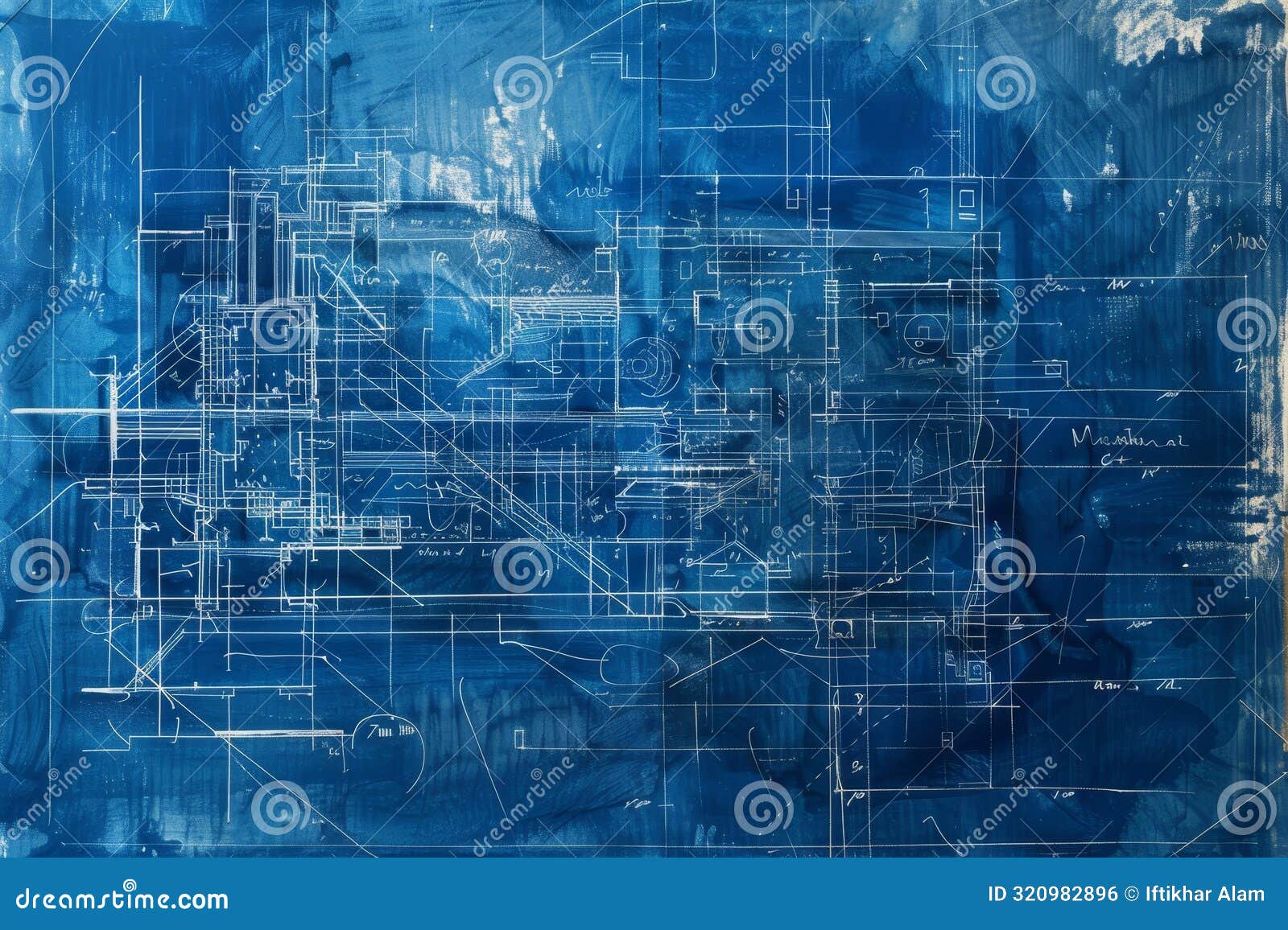 Monochromatic Blueprint Sketch with Technical Annotations in Blue and ...