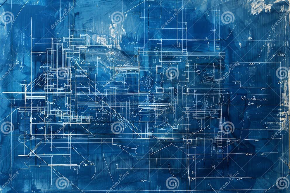 Monochromatic Blueprint Sketch with Technical Annotations in Blue and ...