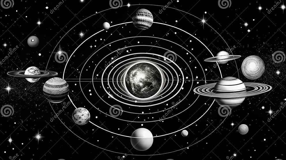 Monochromatic Celestial System Orbits and Planets Stock Illustration ...
