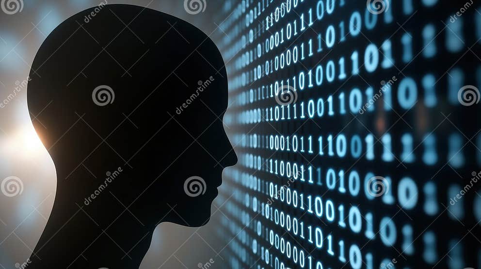 Brain Rot Concept. a Human Silhouette Facing a Stream of Binary Code ...