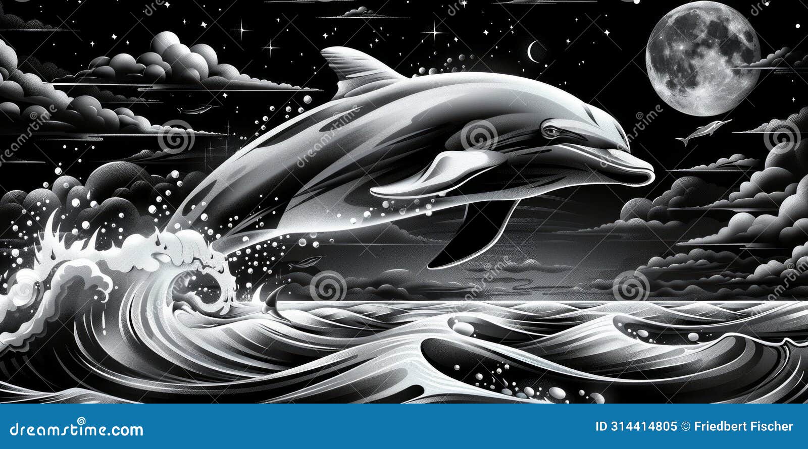 Monochromatic Dolphin Leaping Under Moonlight in Ocean Waves Stock ...
