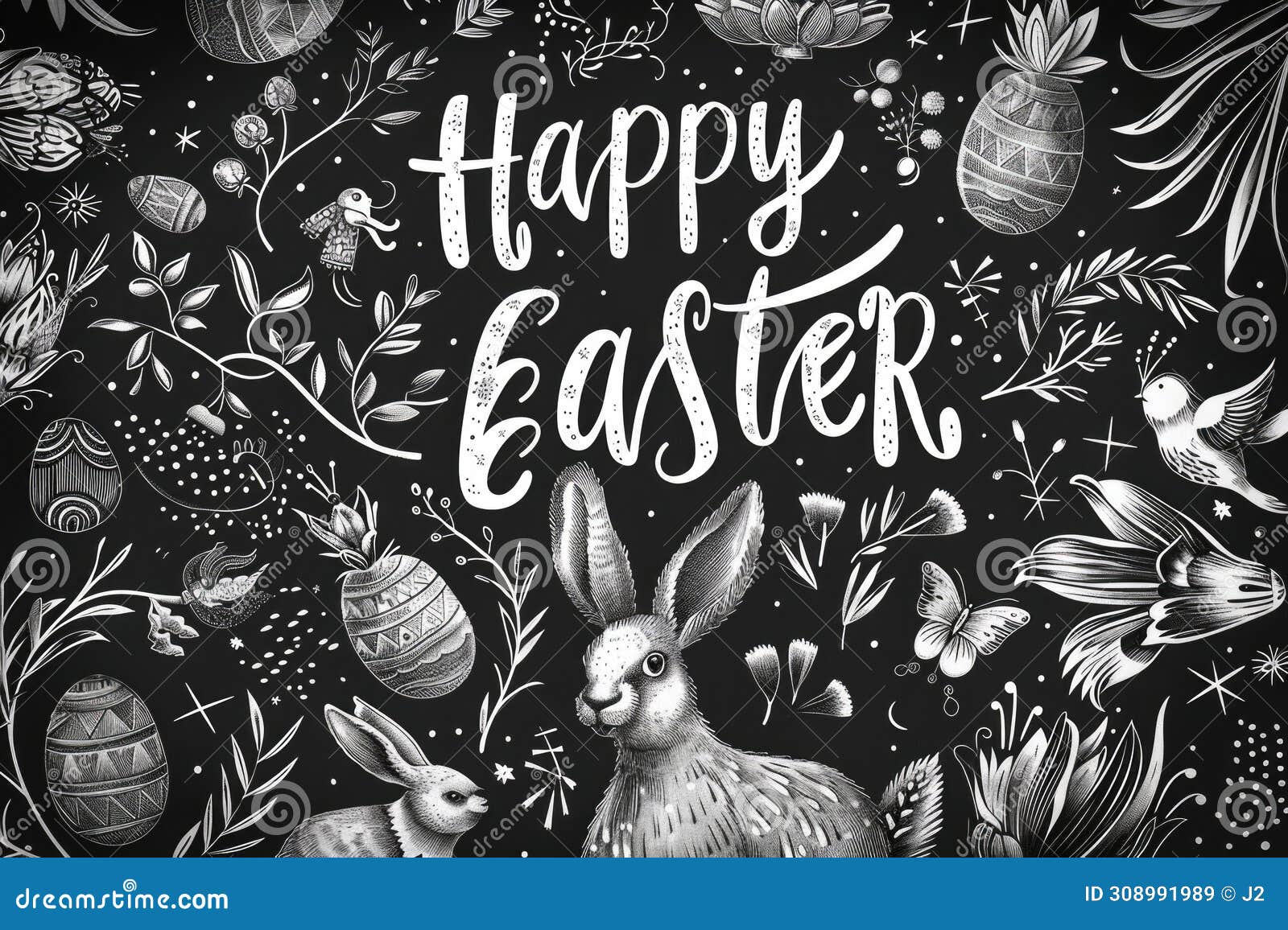 Monochromatic Easter Illustration with Detailed Bunny Drawing and ...