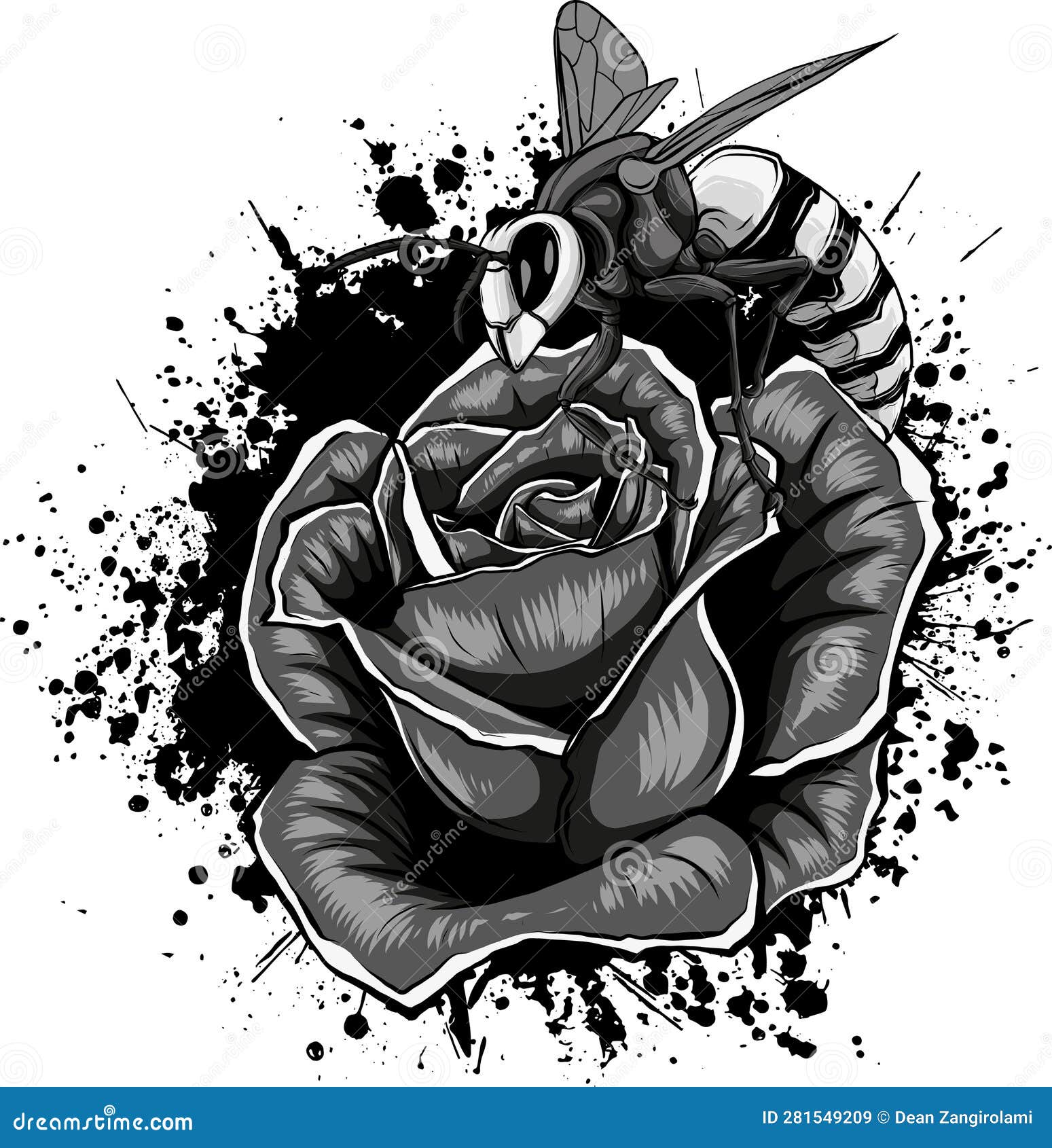 Monochromatic Illustration of Bee on Rose Art Design Stock Vector ...