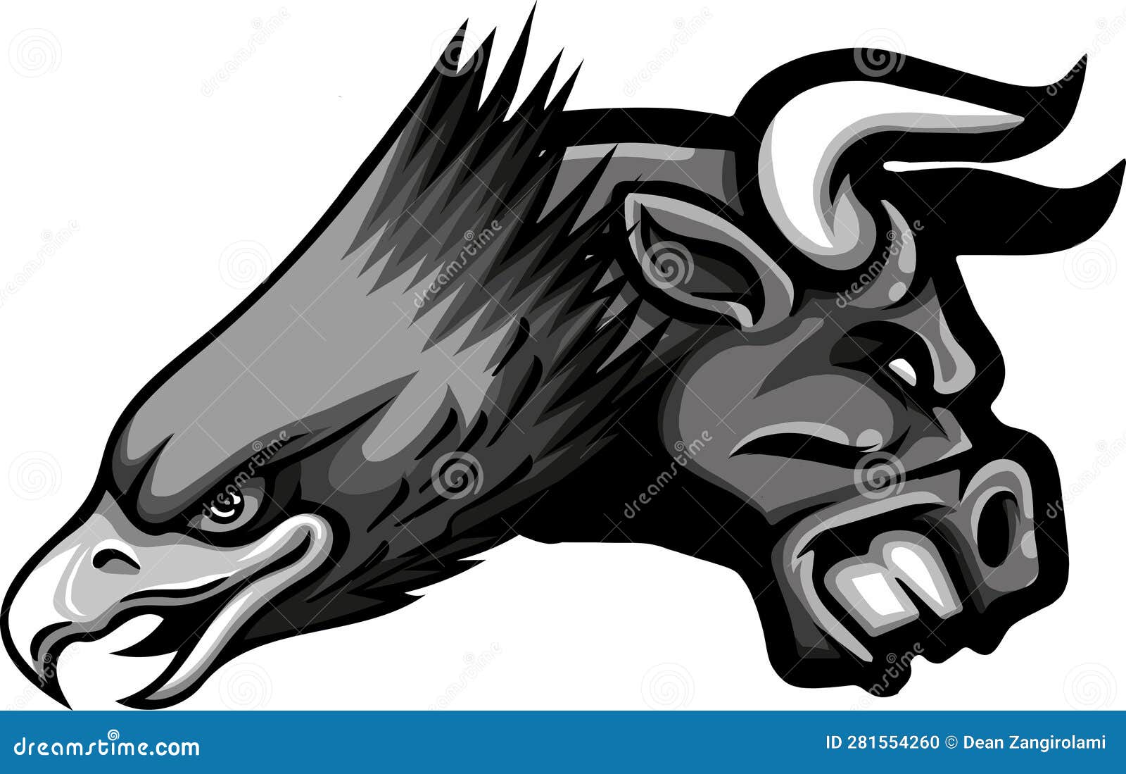 Monochromatic Illustration of Bull and Eagle Head Stock Vector ...