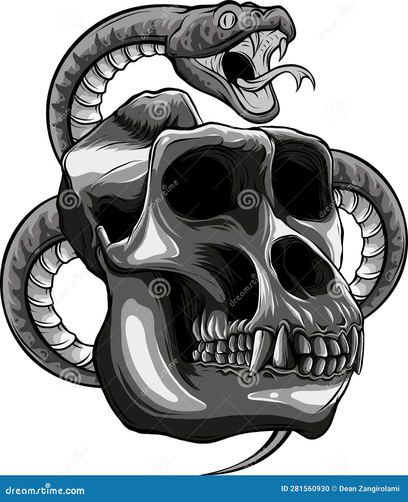 Monochromatic Illustration of Monkey Skull with Snake Around Stock ...