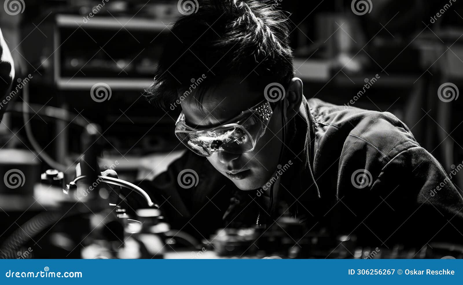 Young Scientist Looking at the Microscope in the Laboratory. Black and ...