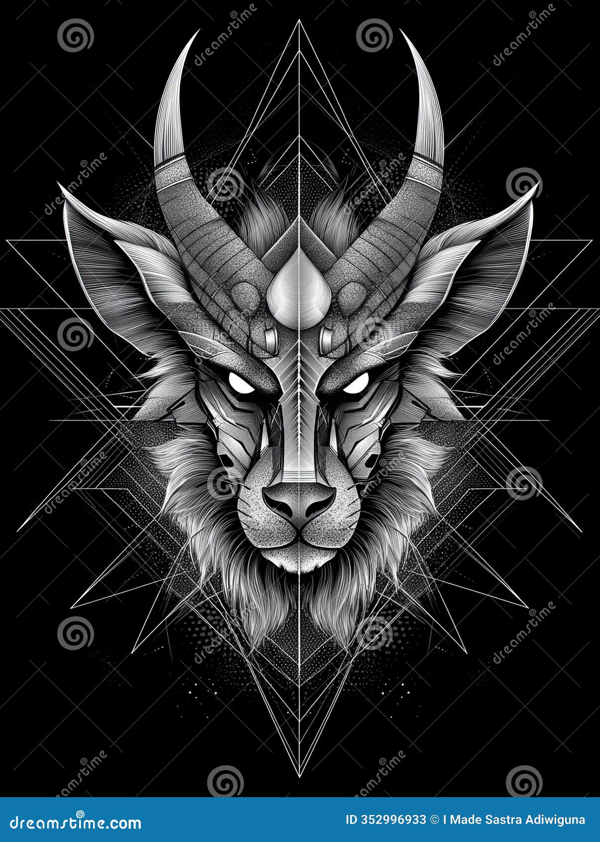 Monochromatic Mythical Beast Head with Intricate Details, Geometric ...