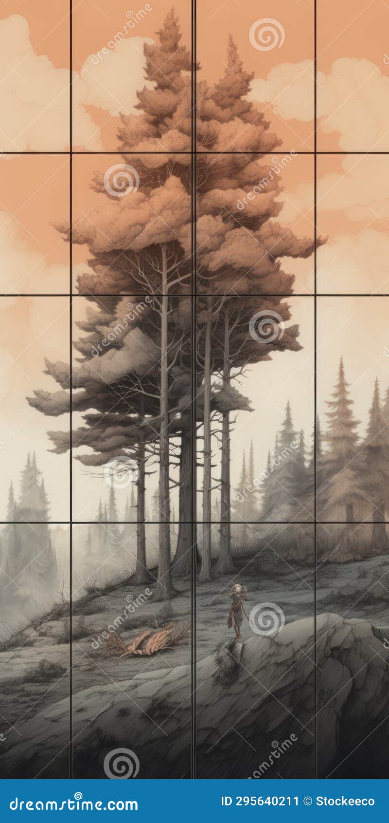 Monochromatic Realism: a Puzzling Composition of Trees in a Smokey Landscape Stock Illustration ...