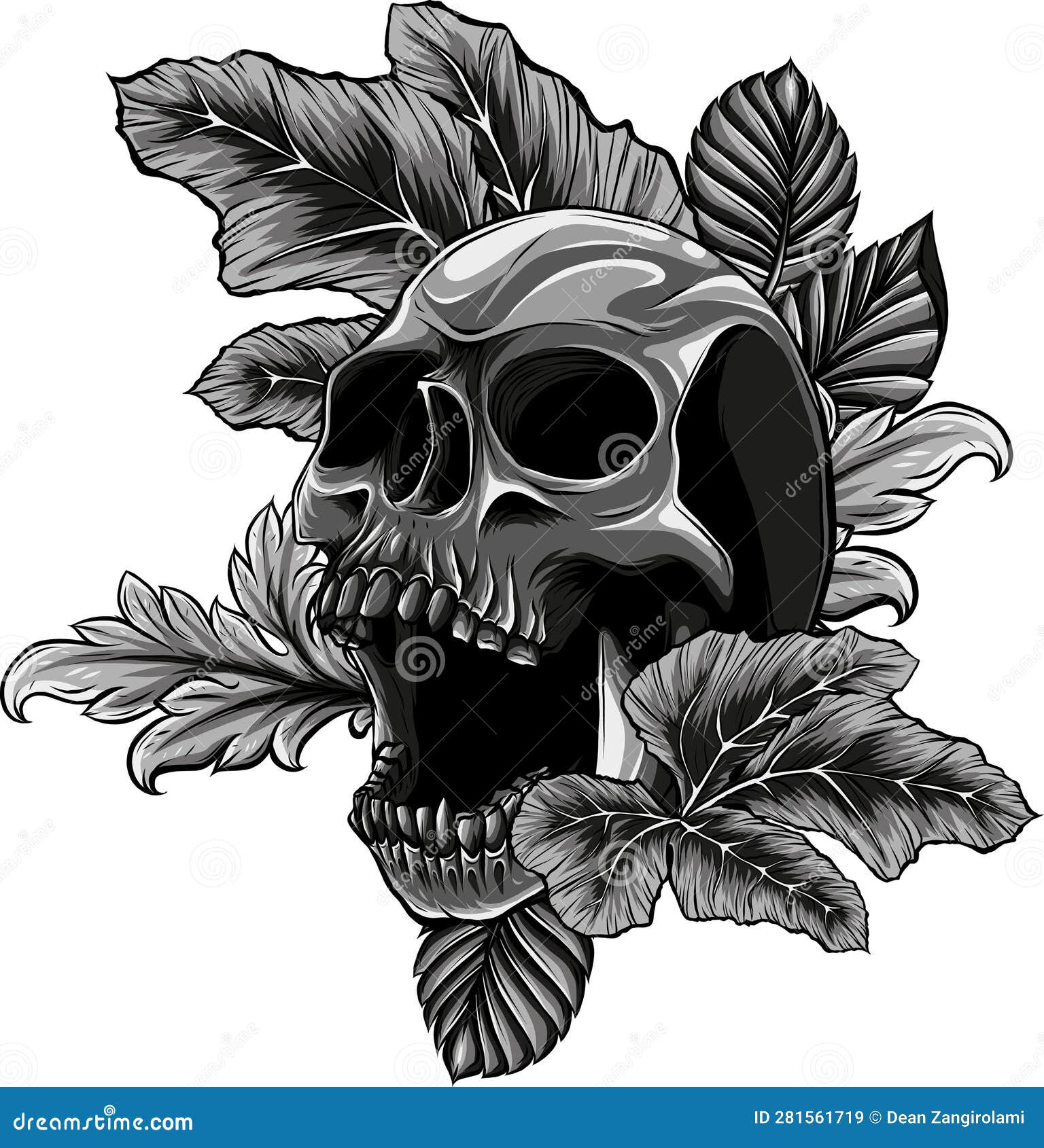 Monochromatic Skull and Leaves on White Background Stock Vector ...