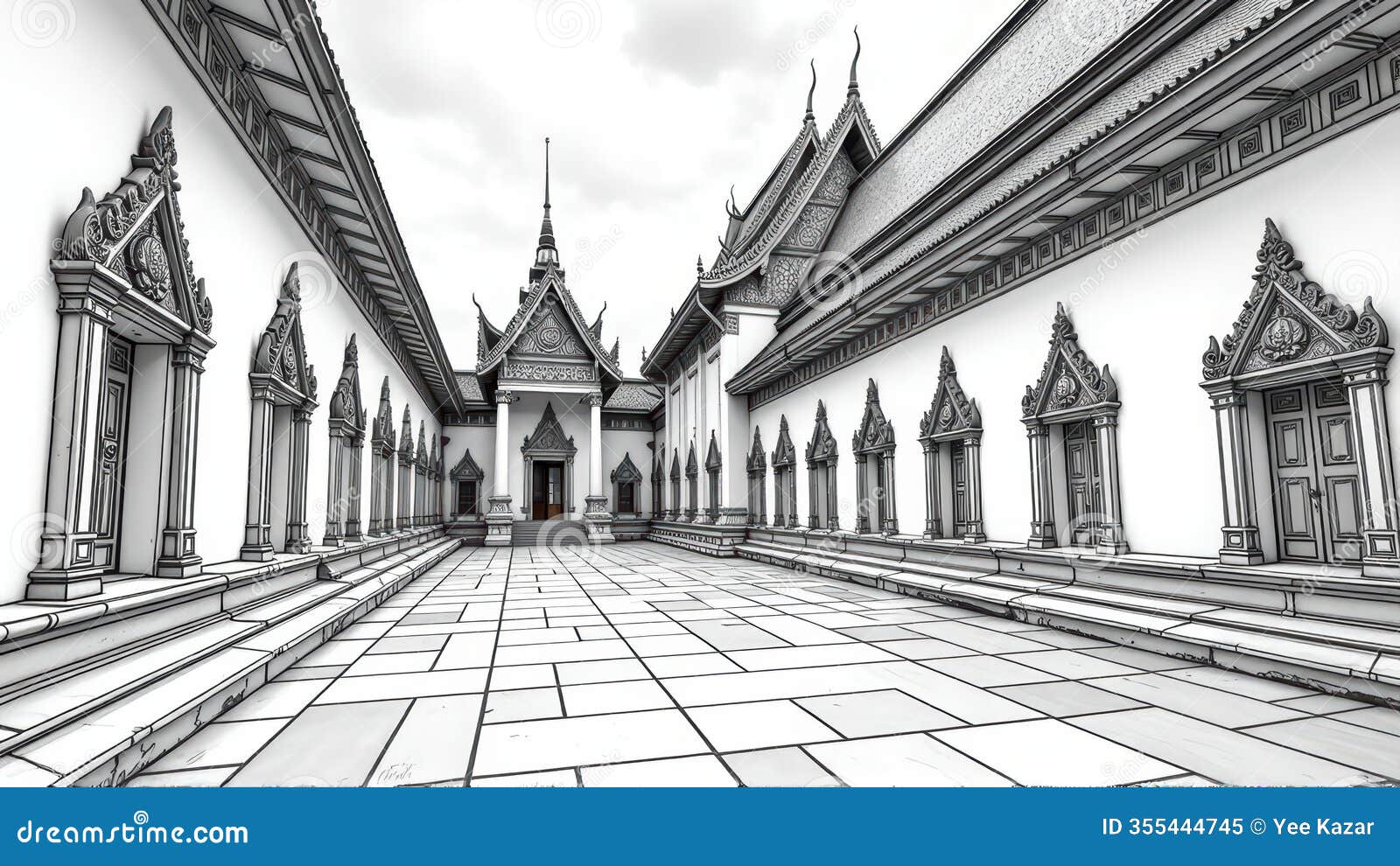 Monochrome Architectural Marvel Courtyard of a Thai Temple, Generative ...