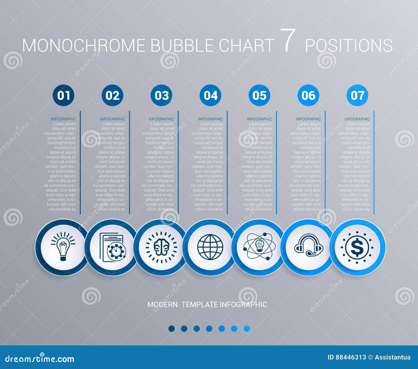 Monochrome Blue Bubbles Chart Infographics for 7 Steps Stock Vector ...