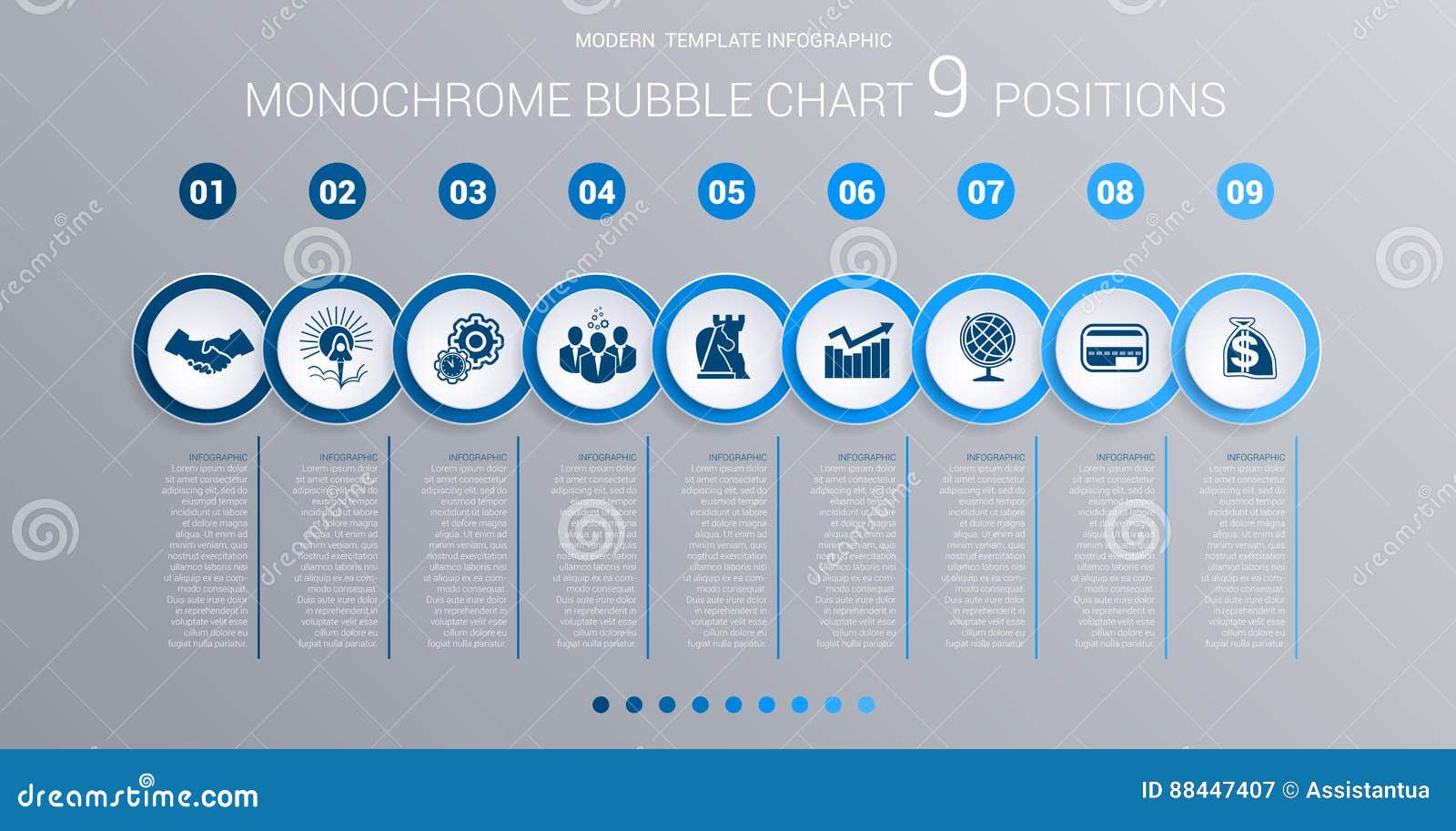 Monochrome Blue Bubbles Chart Infographics for 9 Steps Stock Vector ...
