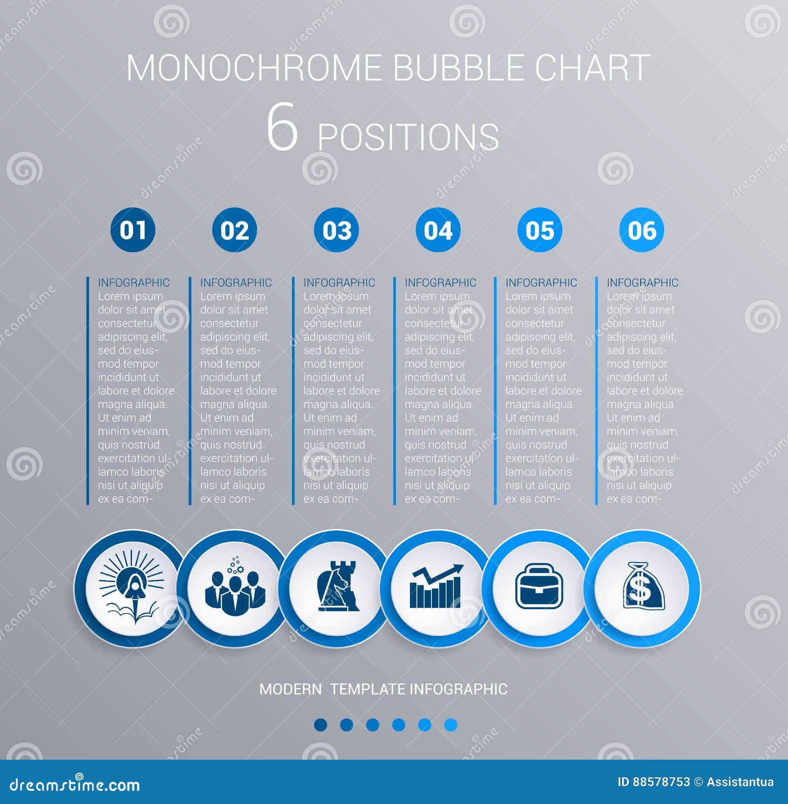 Monochrome Blue Bubbles Chart Infographics for 6 Steps Stock Vector ...