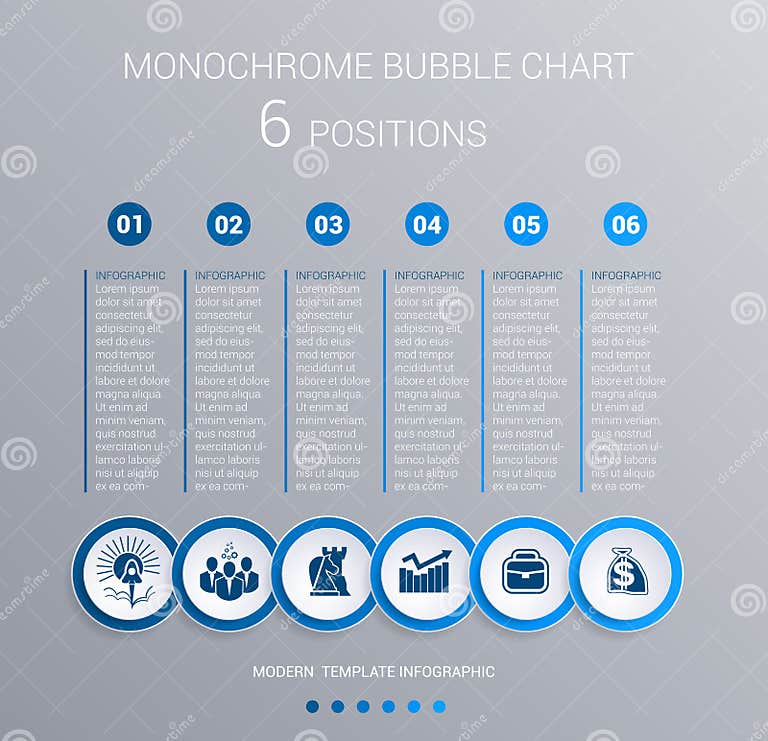Monochrome Blue Bubbles Chart Infographics for 6 Steps Stock Vector ...