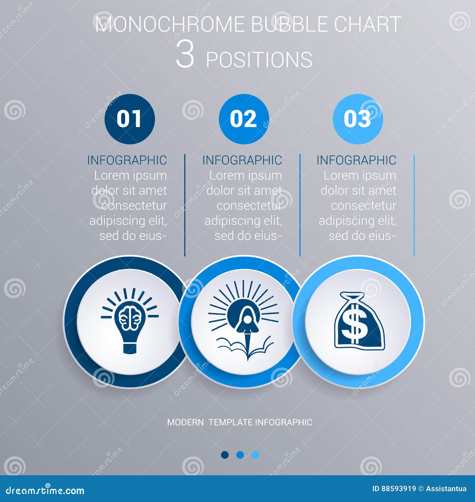 Monochrome Blue Bubbles Chart Infographics for 3 Steps Stock Vector ...