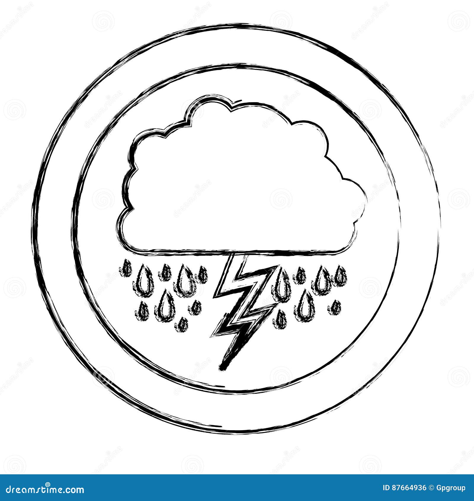 Monochrome Blurred Circular Frame with Cloud with Rain and Lightning ...