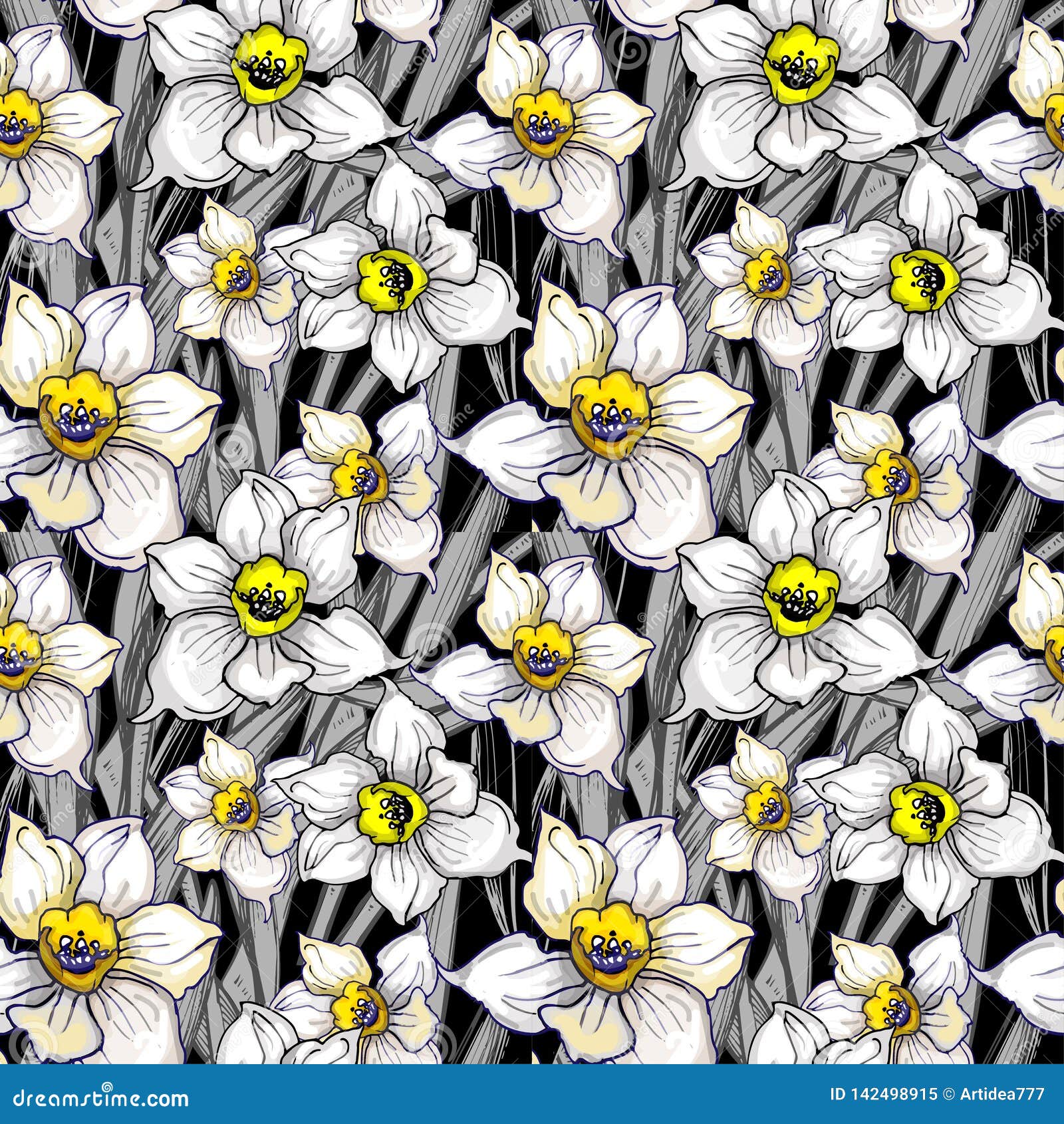 Monochrome Botanical Seamless Pattern With Hand Drawn Flowers Stock