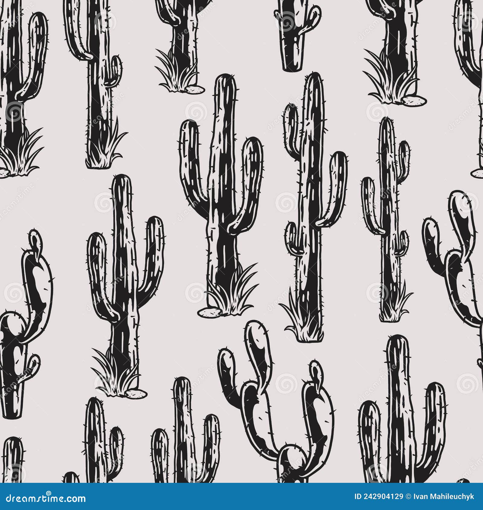 Monochrome Cactus Vintage Seamless Pattern Stock Vector - Illustration ...