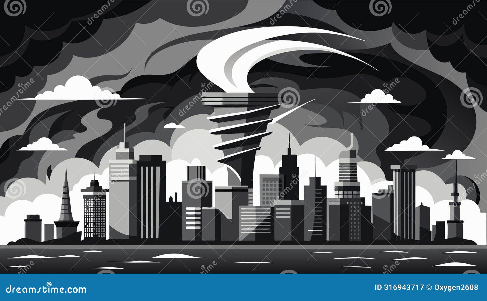 Monochrome Cityscape With Dynamic Tornado Illustration Royalty-Free ...