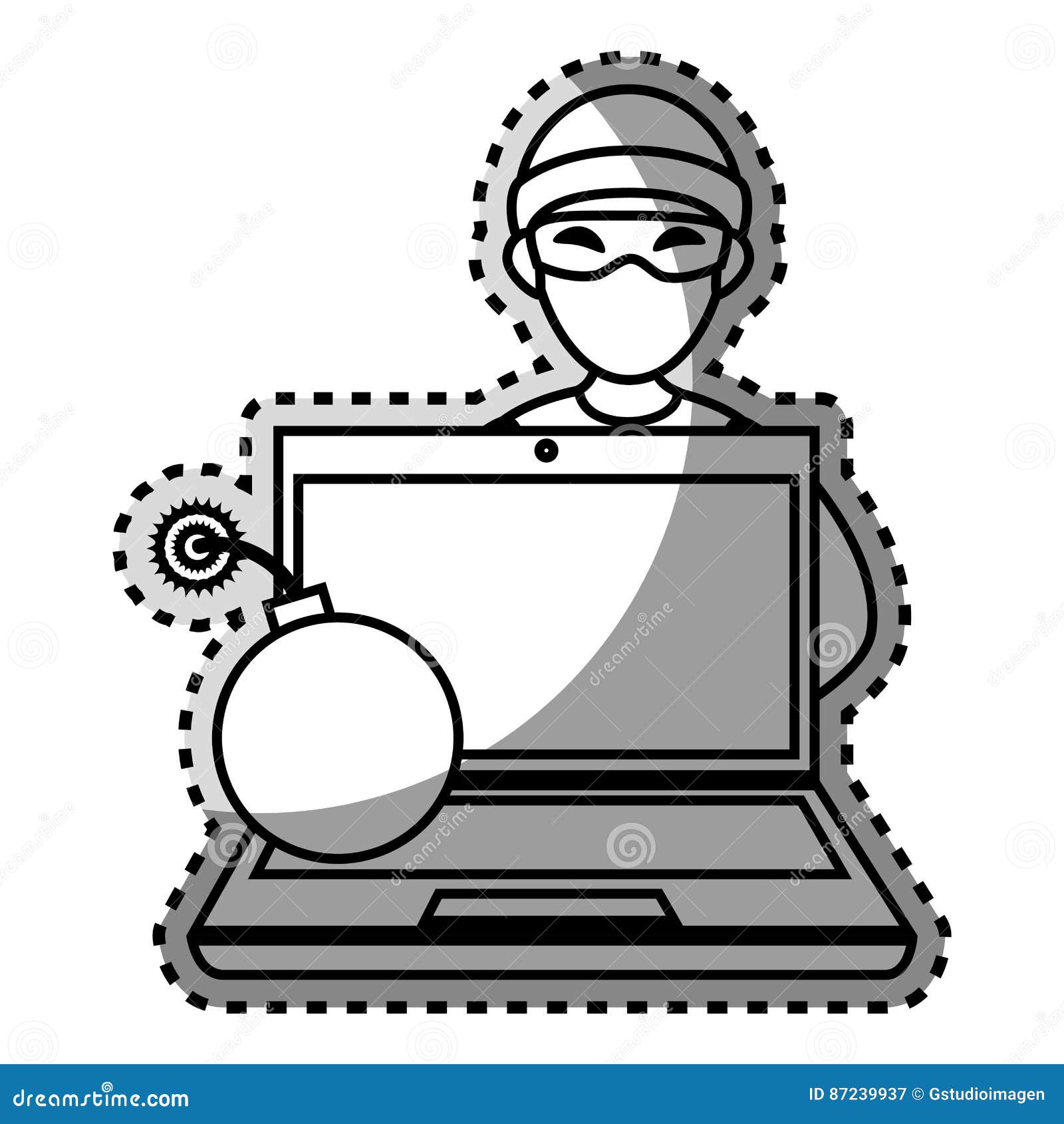 Monochrome Contour Sticker with Hacker and Laptop and Bomb Stock Vector ...