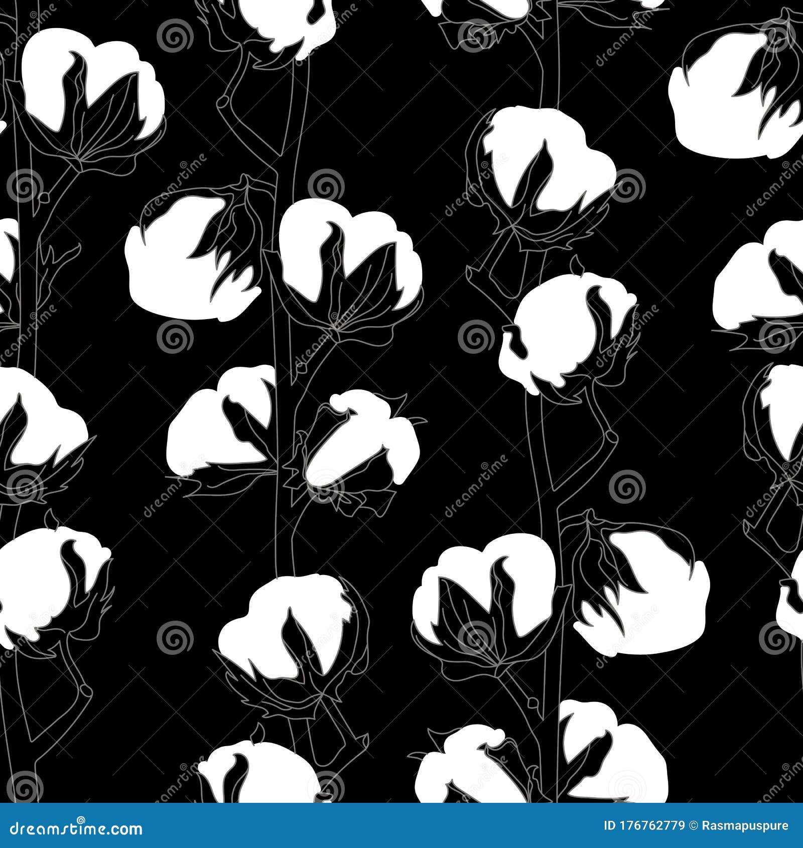 Cotton Branches Line Drawing Seamless Pattern on Black Stock Vector ...