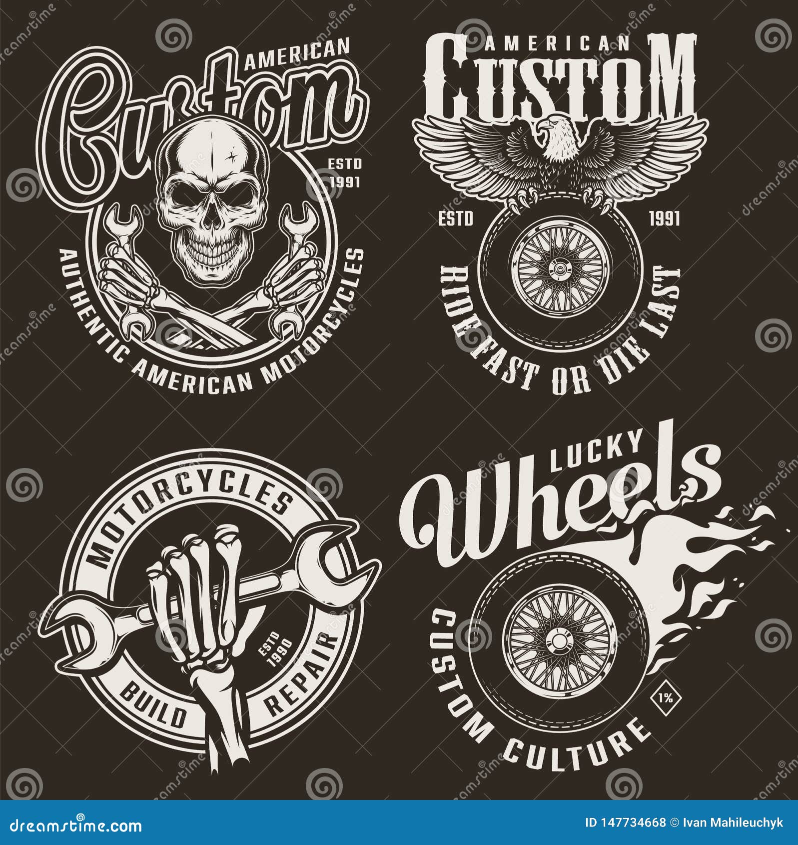 Monochrome Custom Motorcycle Emblems Stock Vector - Illustration of ...