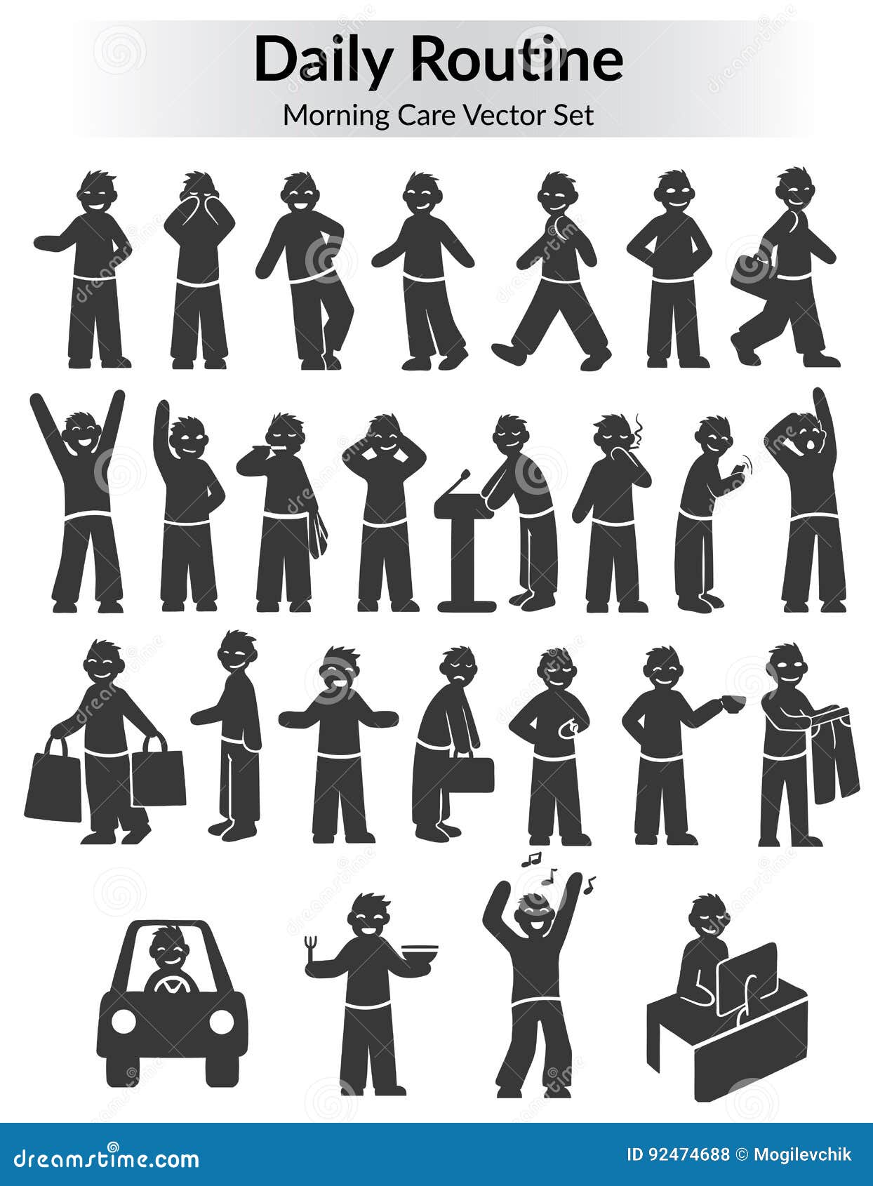 Monochrome Doodle daily Routine Set Stock Vector - Illustration of ...