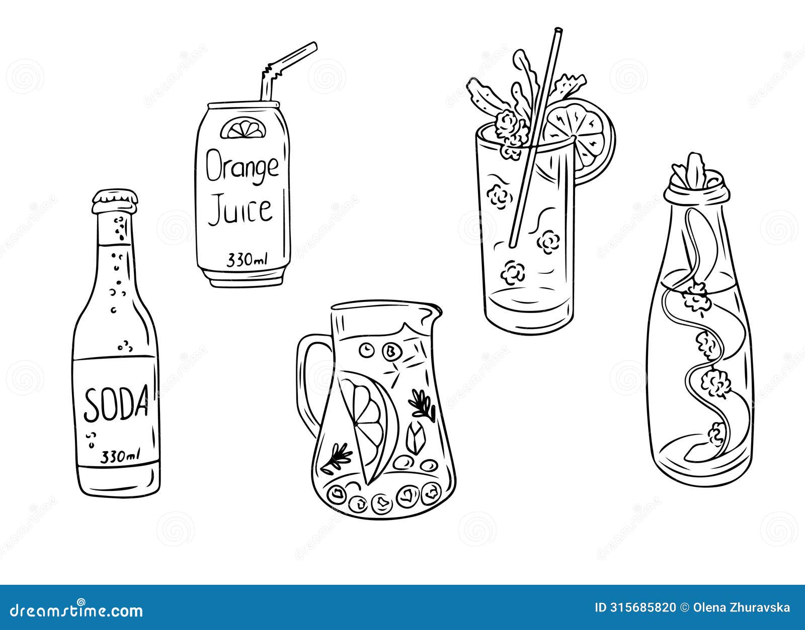Monochrome Doodle Set with Glasses of Cold Drinks Stock Illustration ...