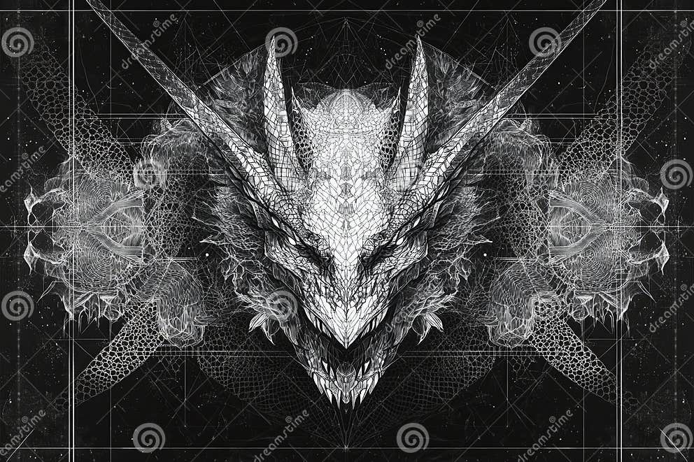 Monochrome Dragon Head Illustration with Geometric Patterns and ...